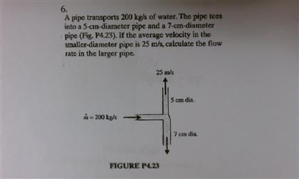 Solved A pipe transports 200 kg/s of waier. The pipe tees | Chegg.com
