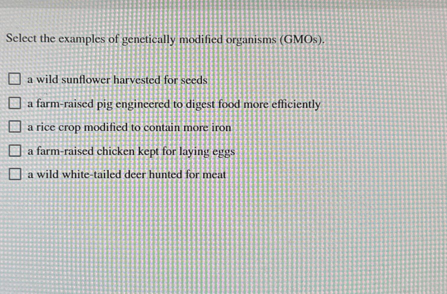 Solved Select the examples of genetically modified organisms | Chegg.com