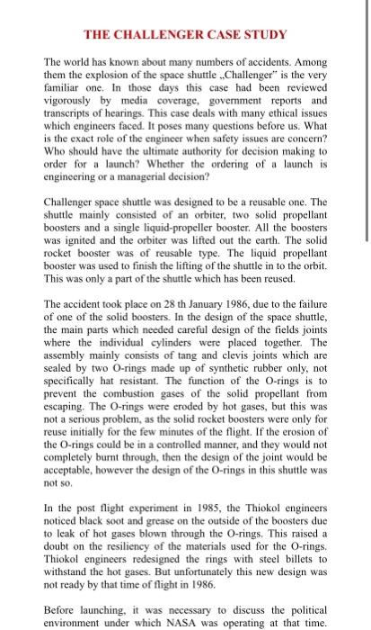 Solved THE CHALLENGER CASE STUDY The world has known about | Chegg.com