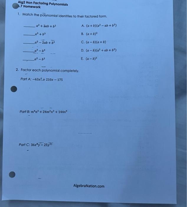 Solved Alg2 Hon Factoring Polynomials 5.7 Homework 1. Match | Chegg.com