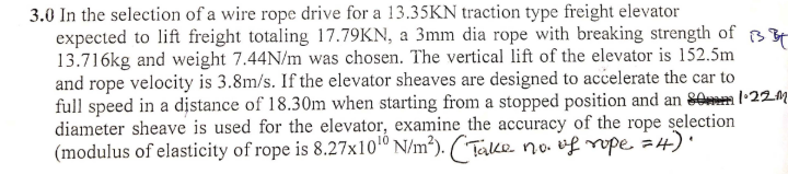 Solved 3.0 In the selection of a wire rope drive for a | Chegg.com