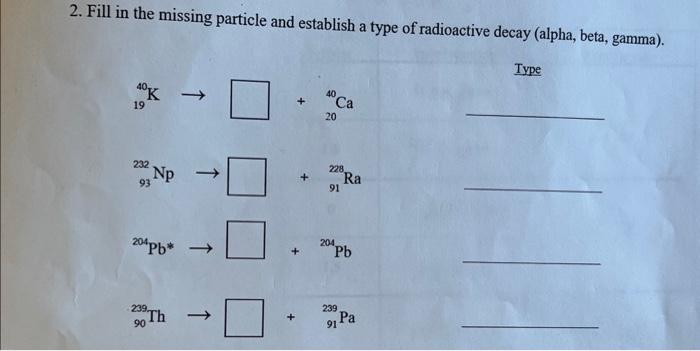Solved 2. Fill in the missing particle and establish a type | Chegg.com
