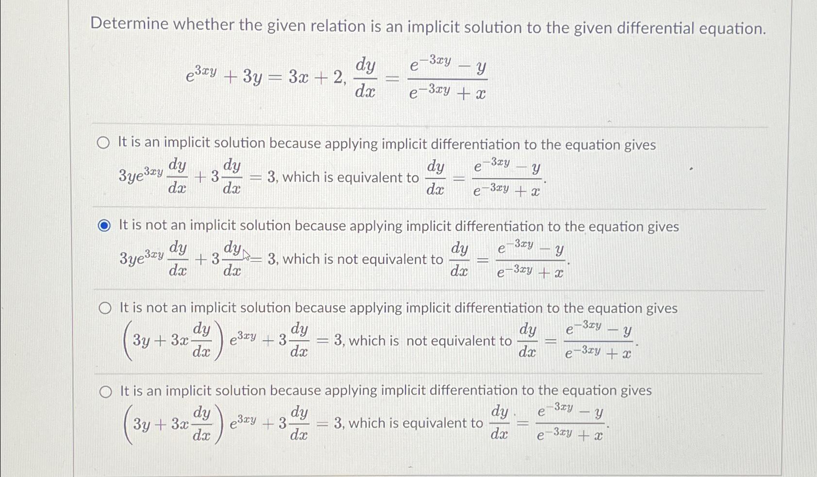 Solved Determine whether the given relation is an implicit | Chegg.com