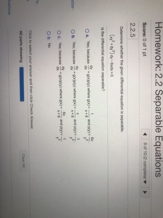 Solved Homework 2 2 Separable Equations Score 0 Of 1 Pt 8