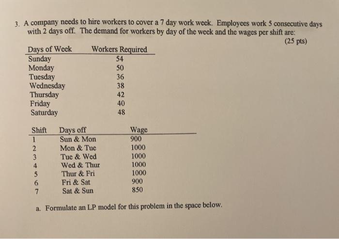 Solved 3. A company needs to hire workers to cover a 7 day | Chegg.com