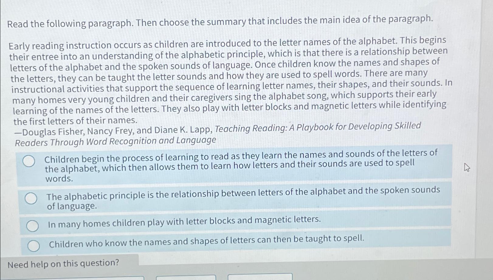 Read the following paragraph. Then choose the summary | Chegg.com