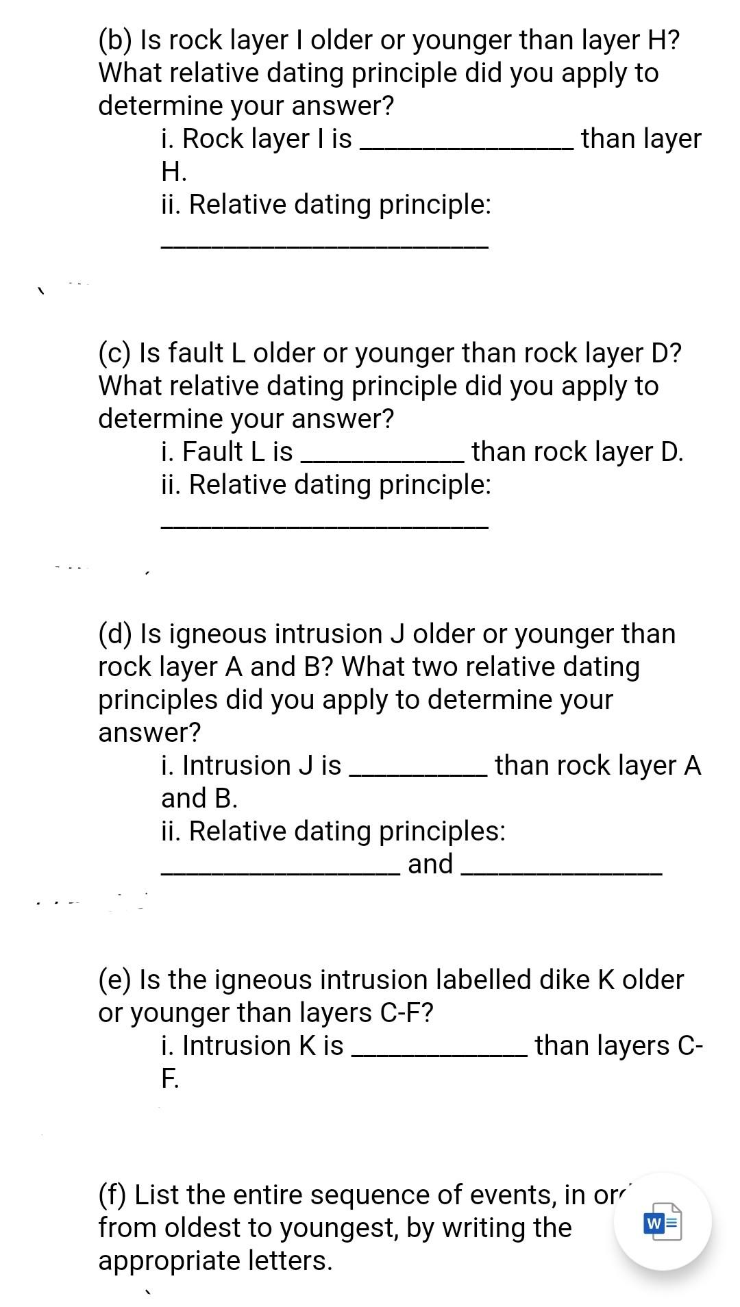 Solved (b) Is rock layer I older or younger than layer H? | Chegg.com