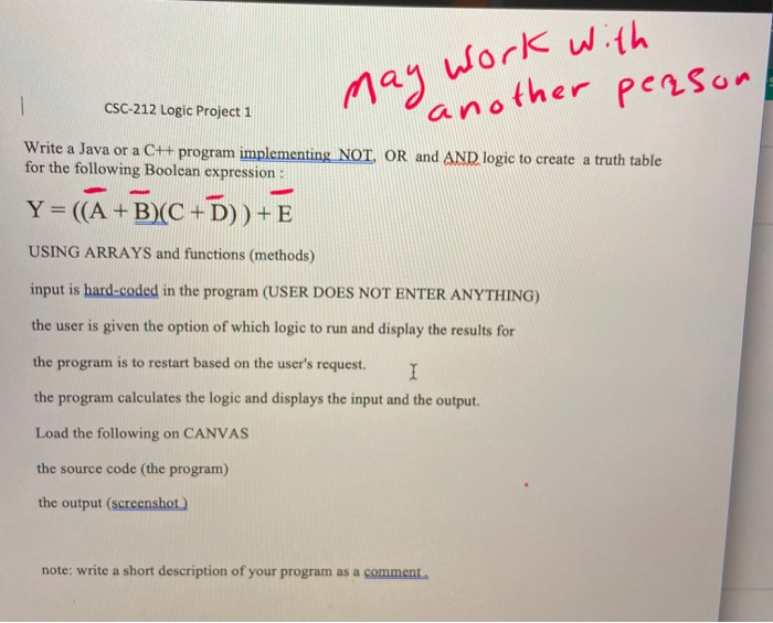 Solved may work with - CSC-212 Logic Project 1 another | Chegg.com