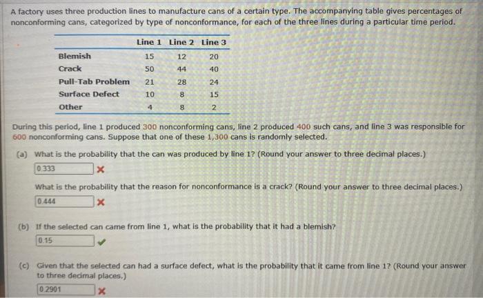 Solved A factory uses three production lines to manufacture | Chegg.com