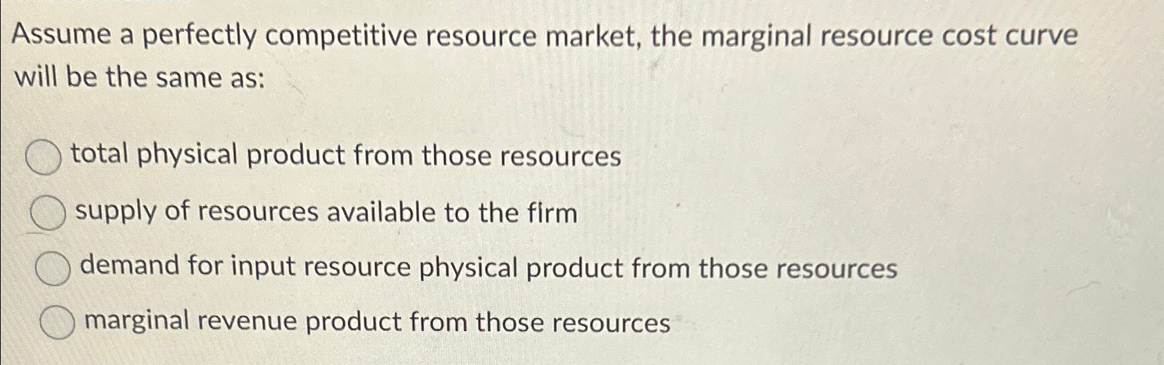 Solved Assume a perfectly competitive resource market, the | Chegg.com