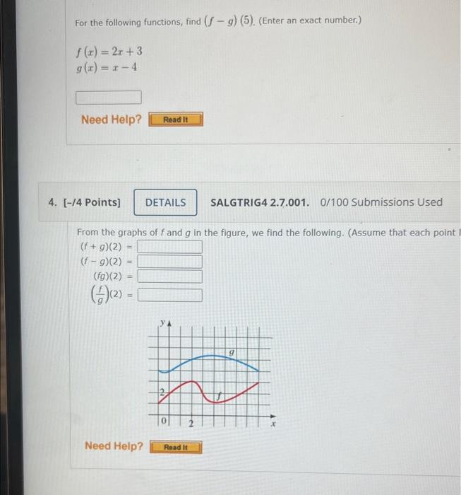 Solved For the following functions, find (f−g)(5). (Enter an | Chegg.com