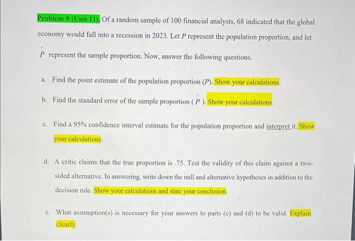 Solved Problem 8 (Unit 11). Of a random sample of 100 | Chegg.com