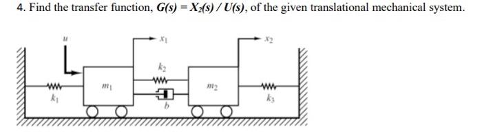 Solved 4. Find the transfer function, G(s) = X:() / U(s), of | Chegg.com