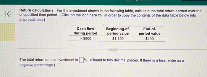 Solved Return calculations For the investment shown in the | Chegg.com