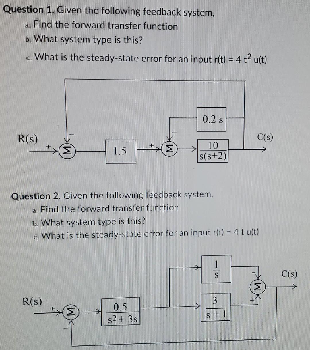 Solved Question 1. Given the following feedback system, a. | Chegg.com