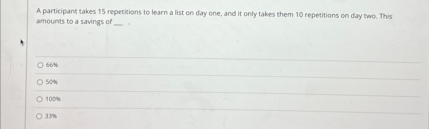 Solved A participant takes 15 ﻿repetitions to learn a list | Chegg.com