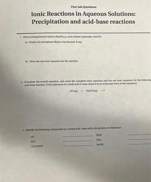 Solved Post-lab Questions Ionic Reactions in Aqueous | Chegg.com