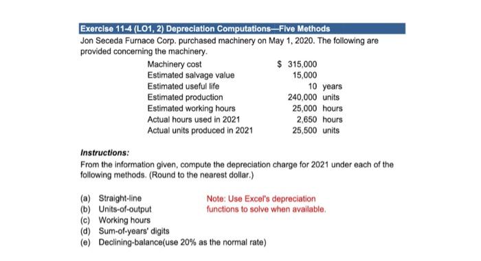 Solved Exerclse 114( LO1, 2) Depreciation Computations-Five | Chegg.com