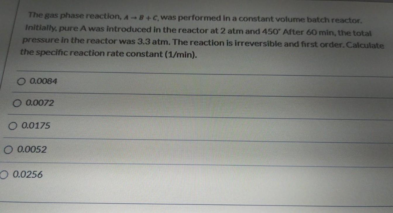 Solved The gas phase reaction, A→B+C, was performed in a | Chegg.com