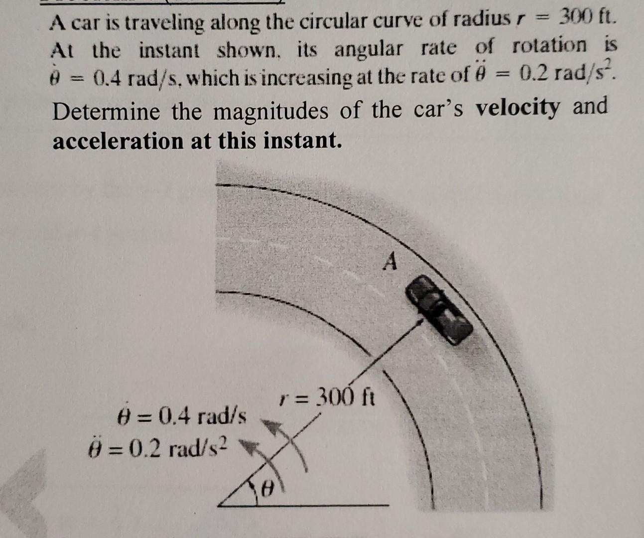 Solved A car is traveling along the circular curve of radius | Chegg.com