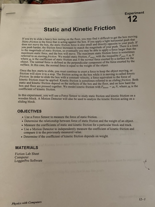 Solved: Experiment 12 Static And Kinetic Friction If You T... | Chegg.com