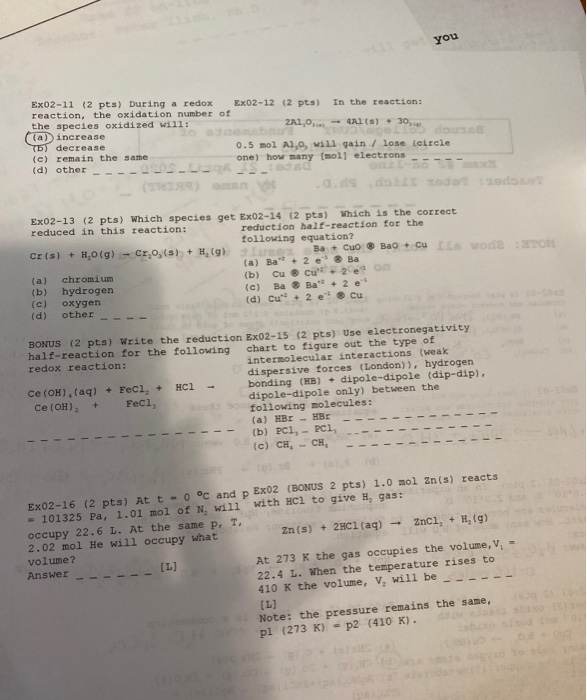 Solved you Ex02-11 (2 pts) During a redox Ex02-12 (2 pts) In | Chegg.com
