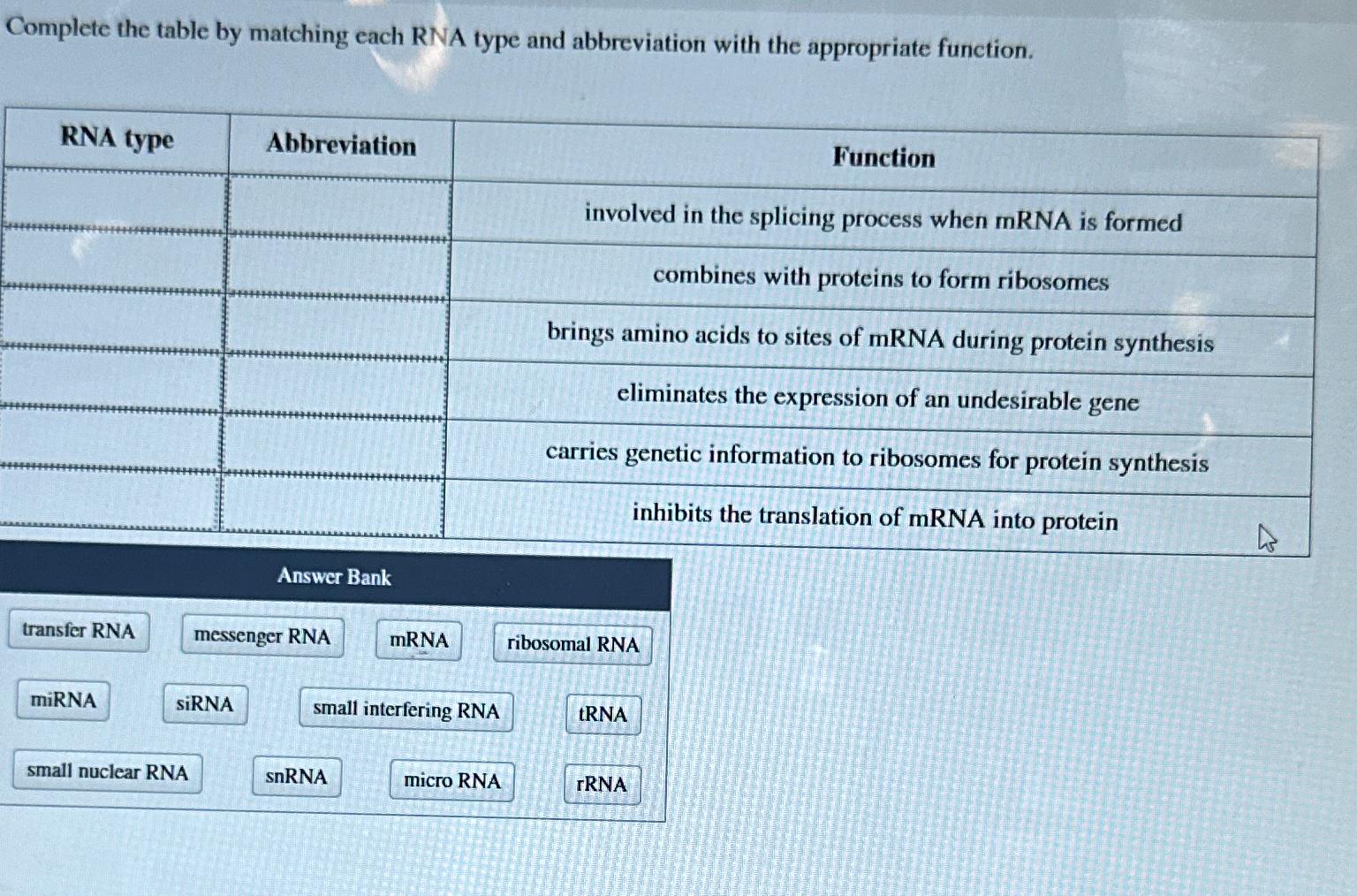 Solved Complete the table by matching each RNA type and | Chegg.com