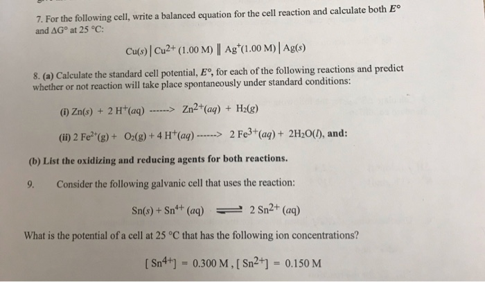 Solved 7. For the following cell, write a balanced equation | Chegg.com
