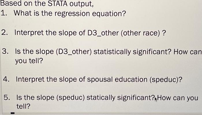 Solved Based on the STATA output, 1. What is the regression | Chegg.com