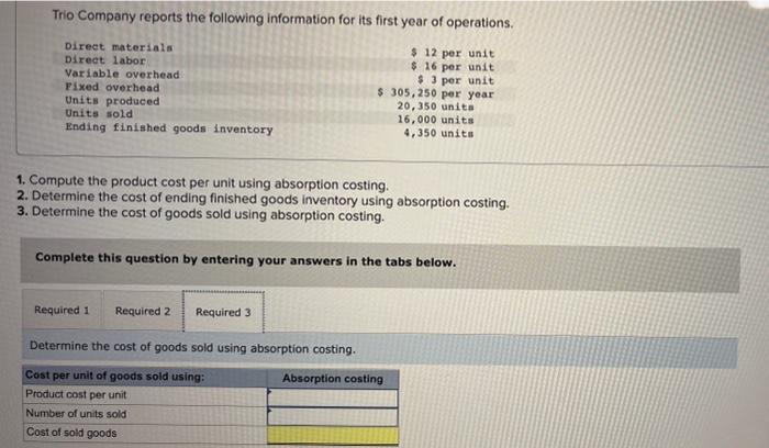 Solved 1. Compute the product cost per unit using absorption | Chegg.com