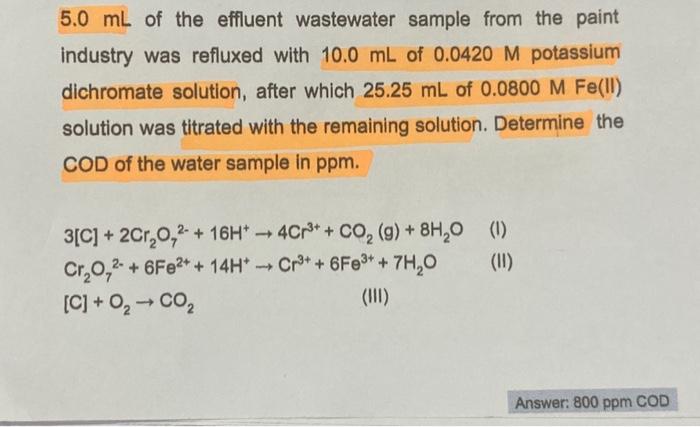 Solved 5.0 mL of the effluent wastewater sample from the | Chegg.com