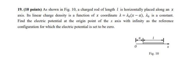 Solved 19. (10 points) As shown in Fig. 10, a charged rod of | Chegg.com