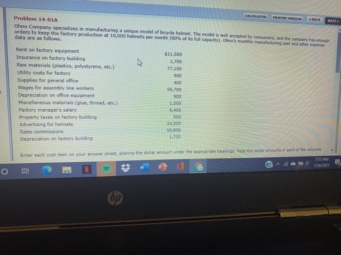 Solved CALCULATOR PRINTER VERSION « BACK NEXT Problem 14-01A | Chegg.com