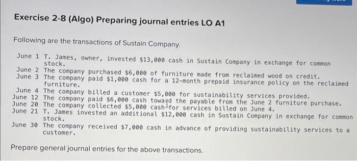 Solved Exercise 2-8 (Algo) Preparing journal entries LO A1 | Chegg.com