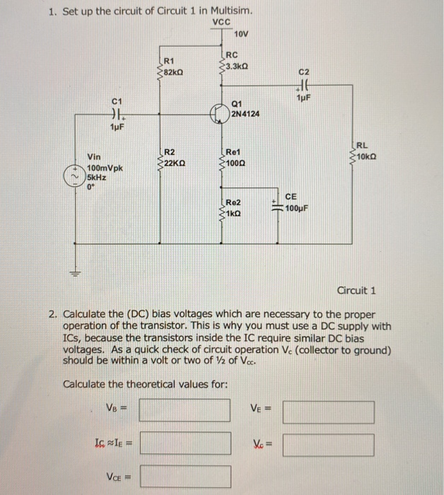 Solved 1. Set up the circuit of Circuit 1 in Multisim. VCC | Chegg.com