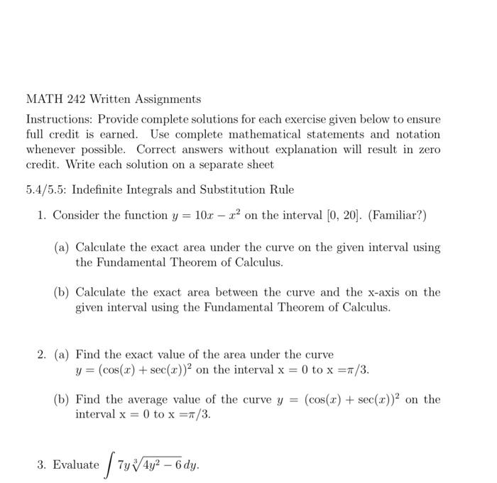 Solved MATH 242 Written Assignments Instructions: Provide | Chegg.com