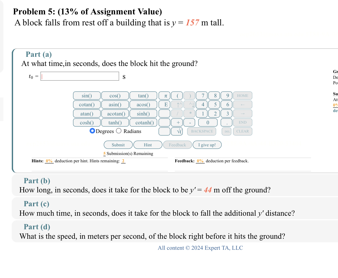 Solved Problem 5: (13% ﻿of Assignment Value)A block falls | Chegg.com