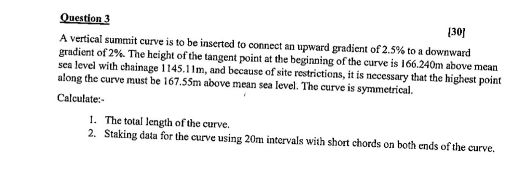 Solved Question 3A vertical summit curve is to be inserted | Chegg.com