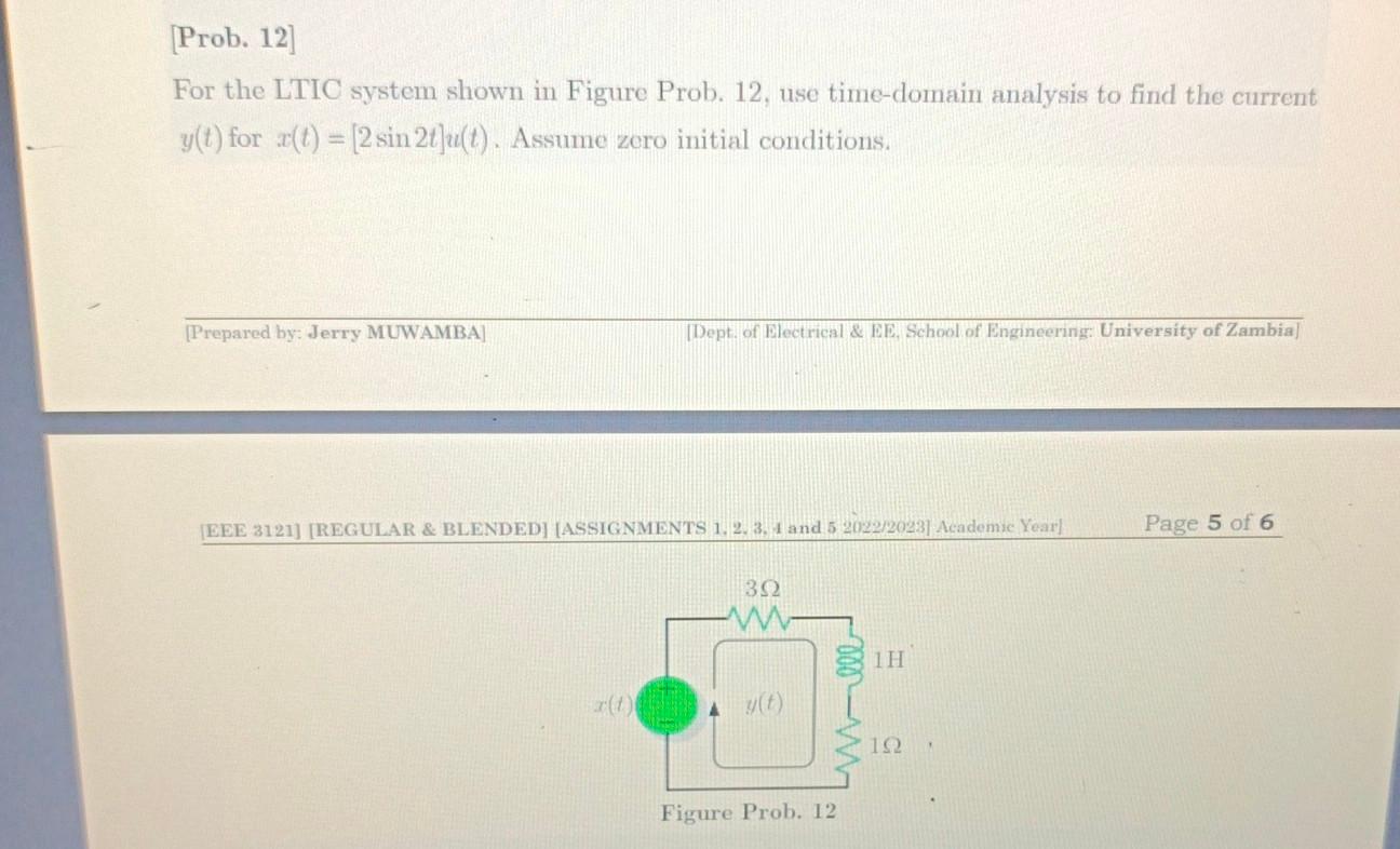 Solved [Prob. 12] For the LTIC system shown in Figure Prob. | Chegg.com