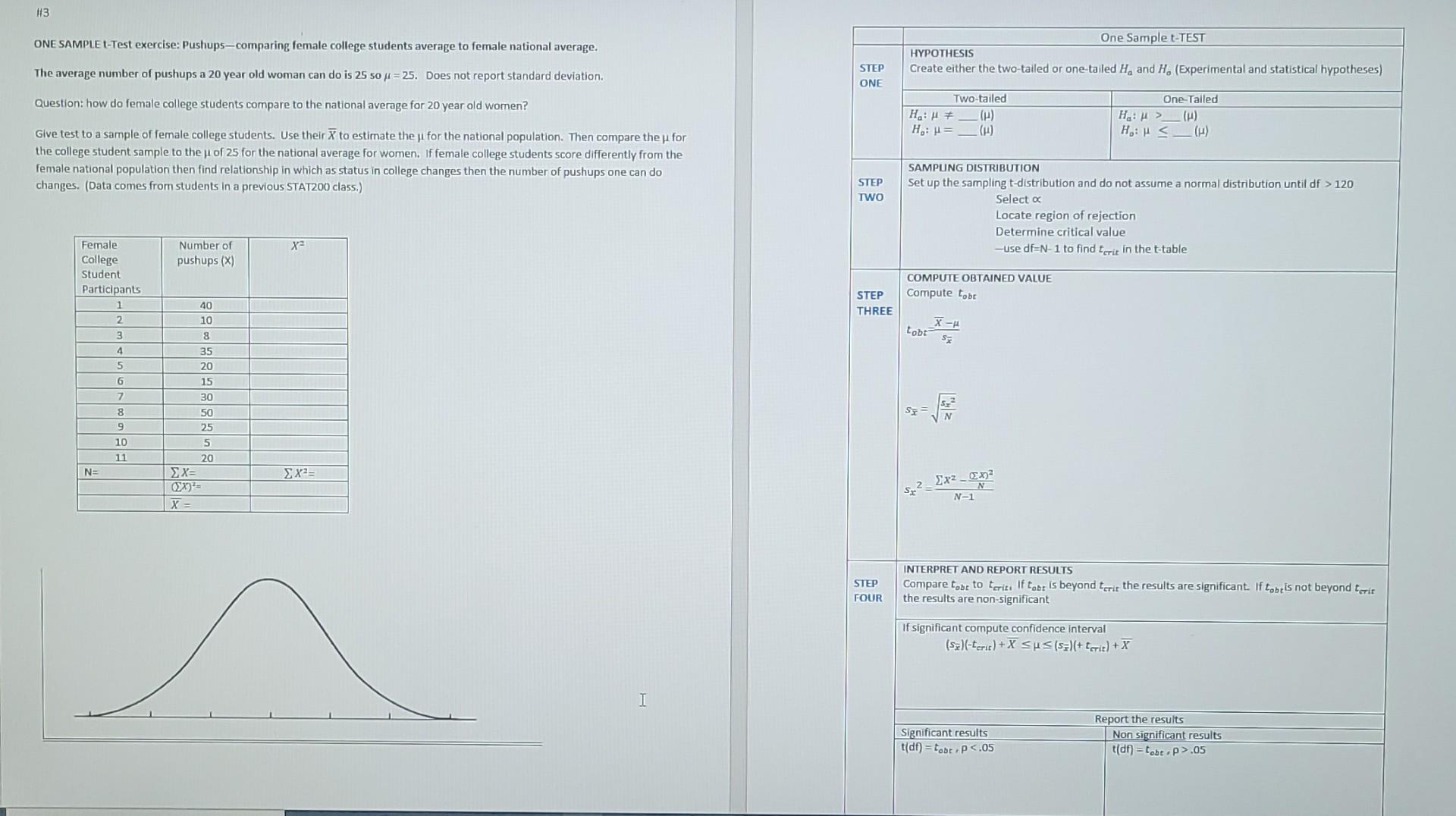 Solved #13 ONE SAMPLE t-Test exercise: Pushups-comparing | Chegg.com