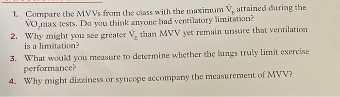 Solved 1. Compare the MVVs from the class with the maximum V | Chegg.com