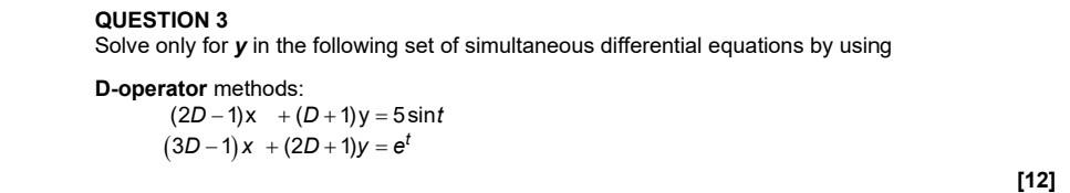 Solved QUESTION 3 Solve only for y in the following set of | Chegg.com