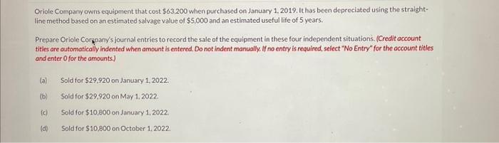 Solved Oriole Company owns equipment that cost $63,200 when | Chegg.com