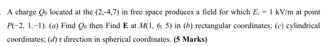 Solved A charge Q0 ﻿located at the (2,-4,7) ﻿in free space | Chegg.com