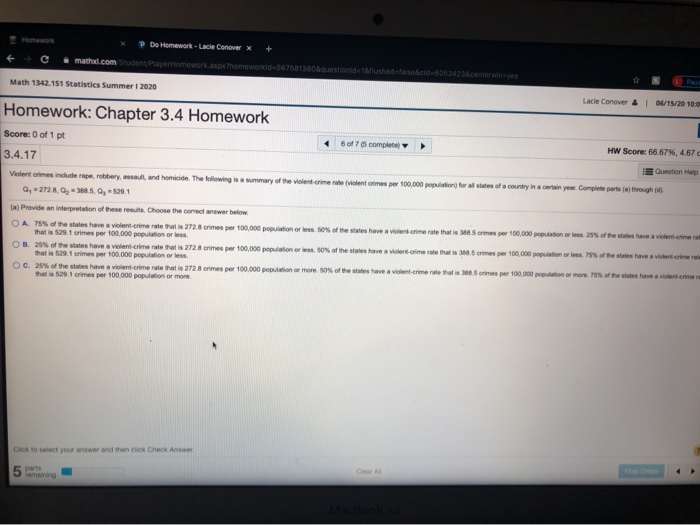 Solved Homework De Homework-Lacie Conover x mathal.com | Chegg.com