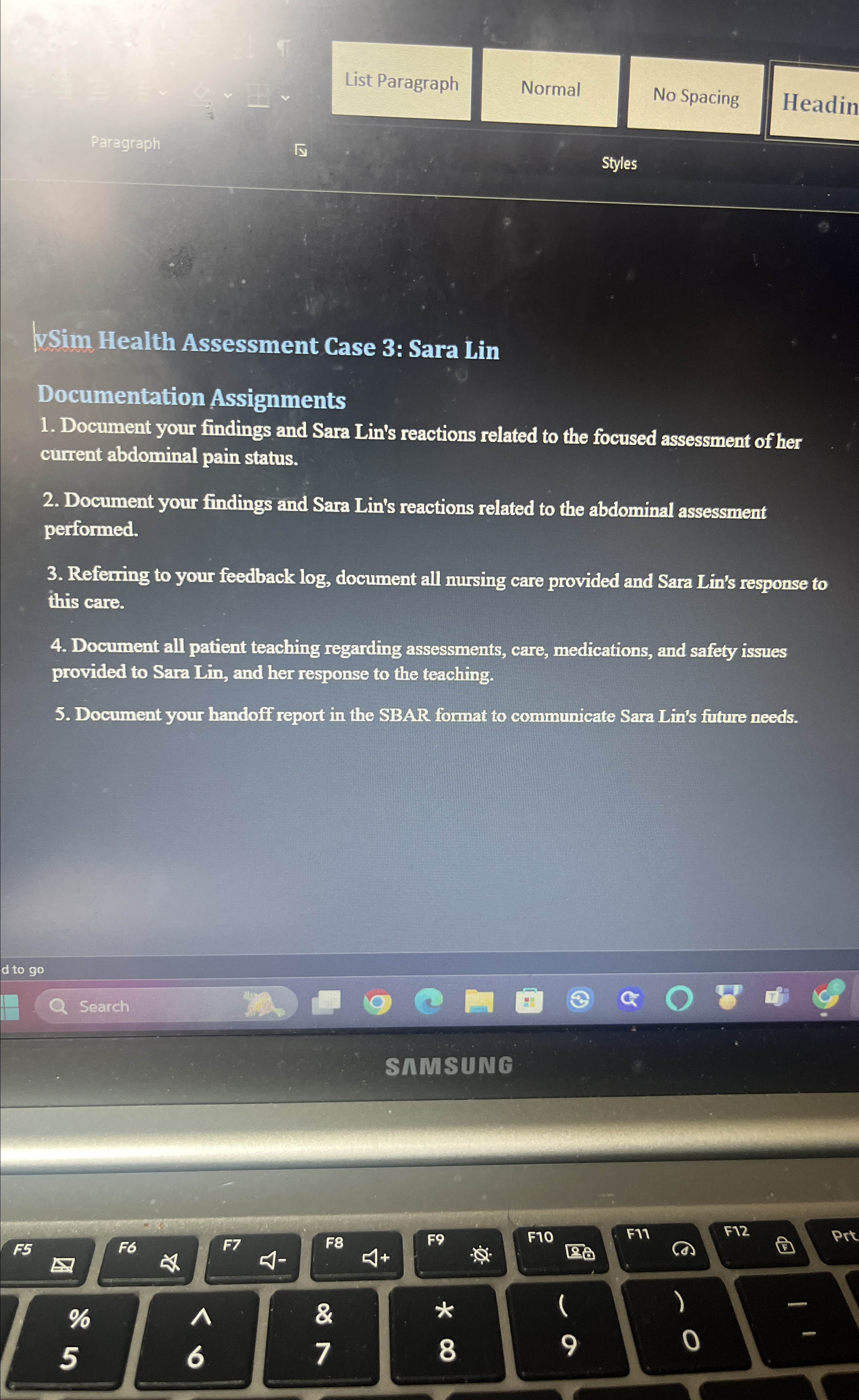 Solved vSim Health Assessment Case 3: Sara LinDocumentation | Chegg.com