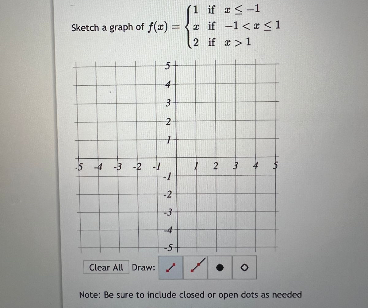 Solved Sketch a graph of f(x)={1 if x≤-1x if -11Draw:Note: | Chegg.com
