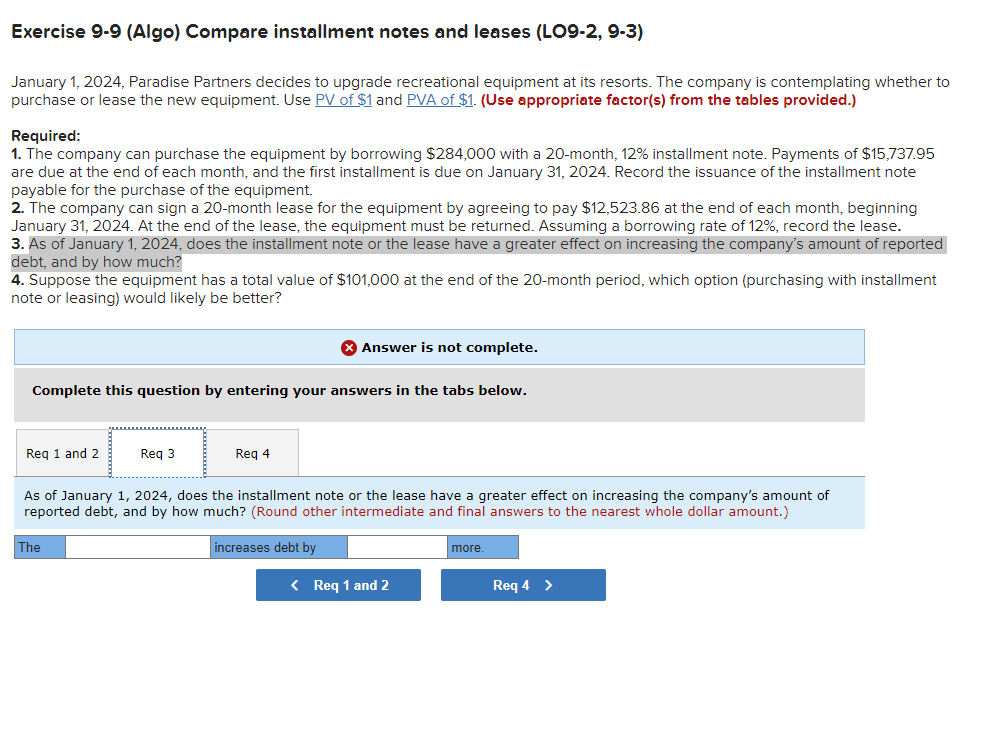 Solved Exercise 9-9 (Algo) ﻿Compare installment notes and | Chegg.com