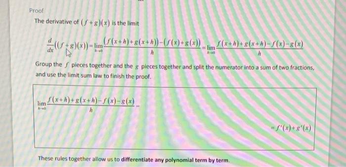 Solved The derivative of (f+g)(x) is the limit | Chegg.com