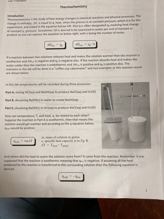 Lab 7 Handout Thermochemistry Introduction | Chegg.com